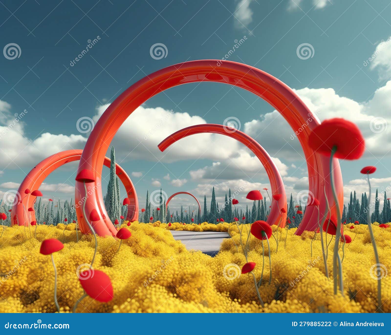 3d Render, Surreal Ocean Landscape With White Clouds In A Blue Sky ...