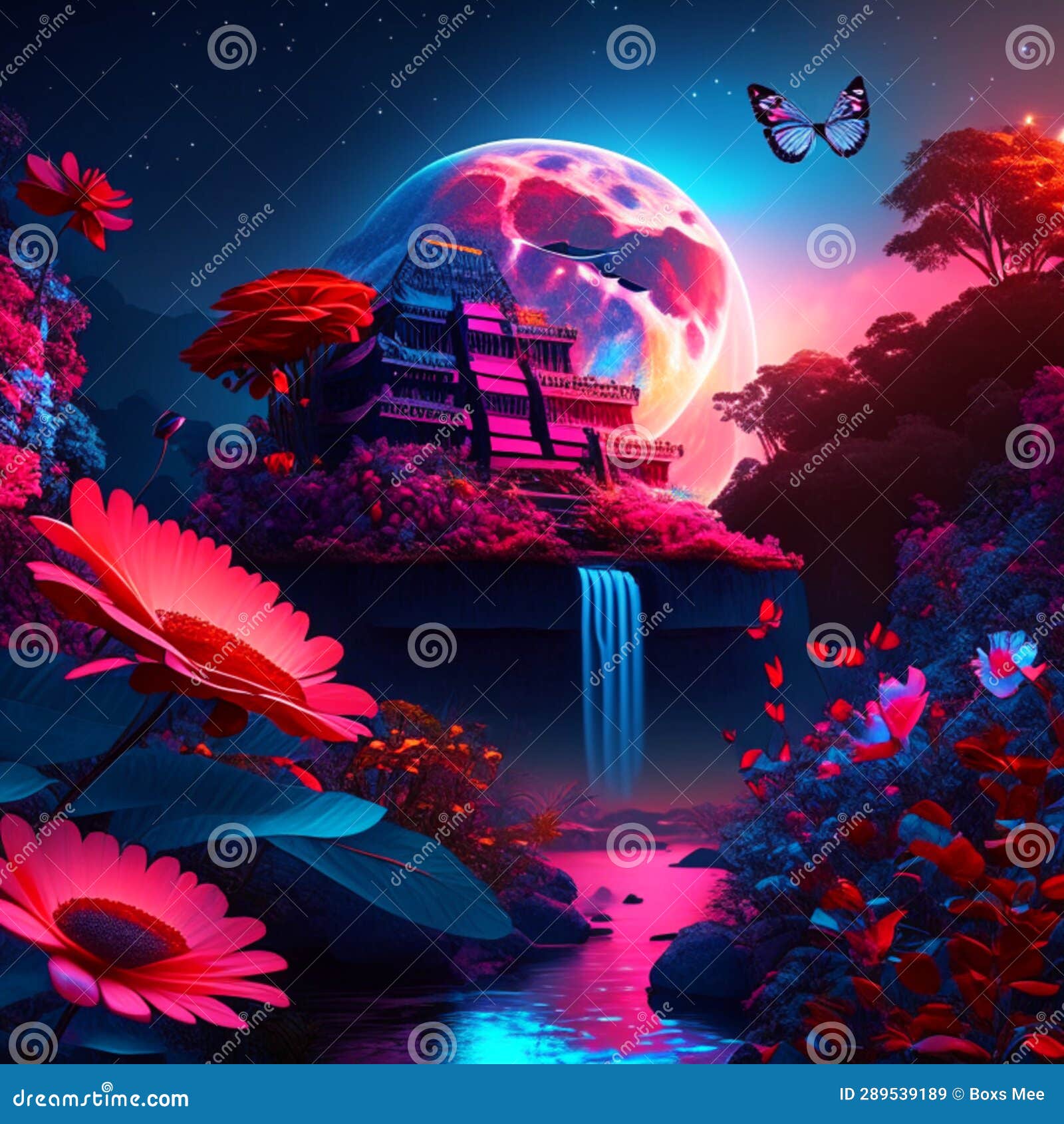 3D Render of a Surreal Landscape with a Waterfall, a Planet and Flowers ...
