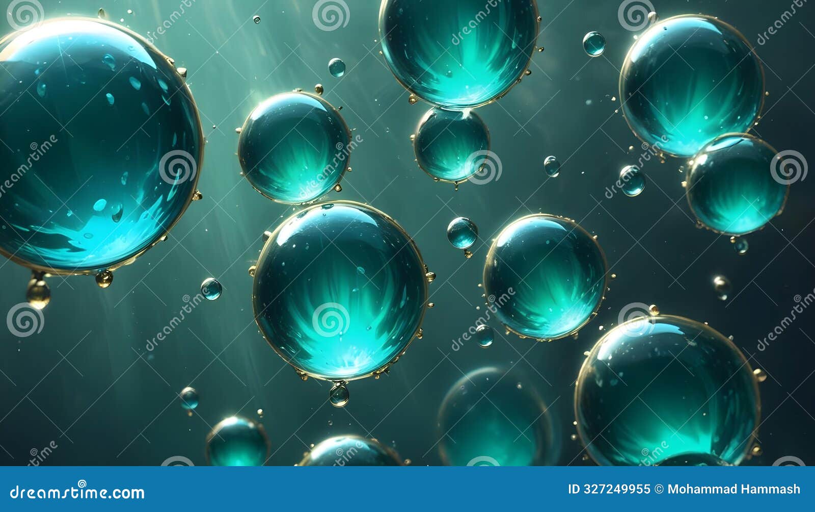 3D Render of Teal and Gold Bubbles Floating Against a Dark Background with Beams of Light ...