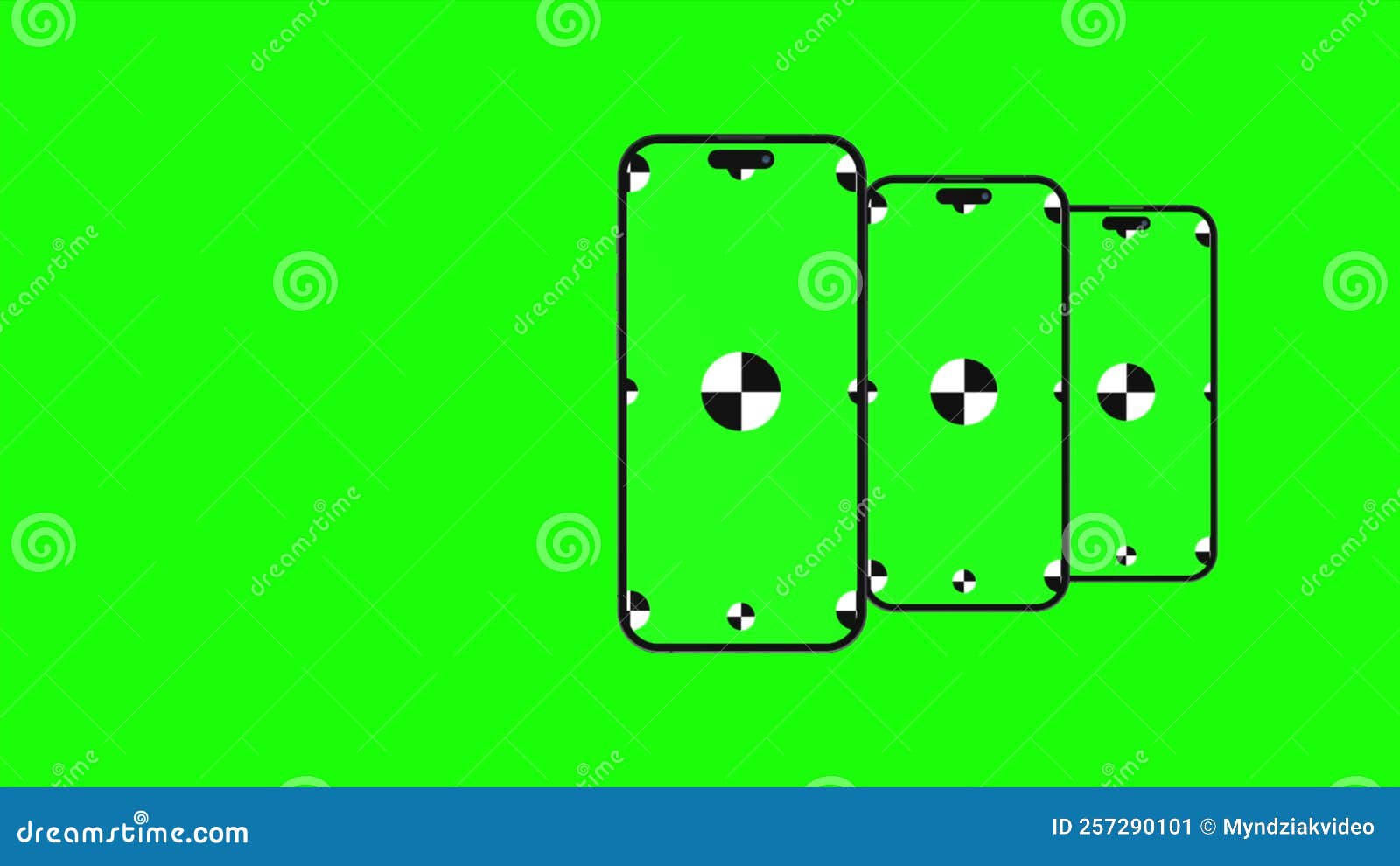 3D Render of Three Smartphone with a Green Background. Rotating in ...