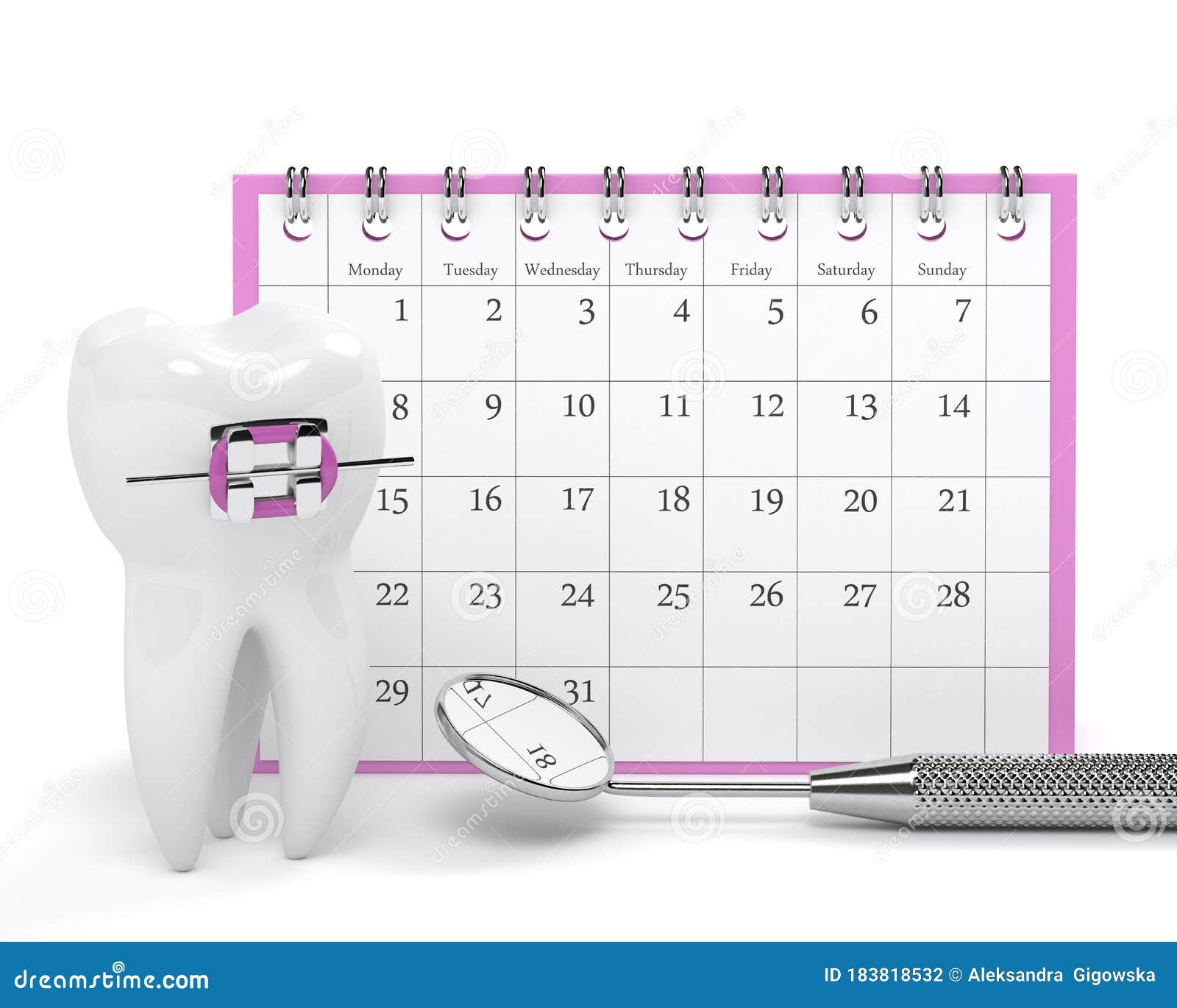 3d Render of Tooth with Orthodontic Braces Standing and Calendar Stock ...