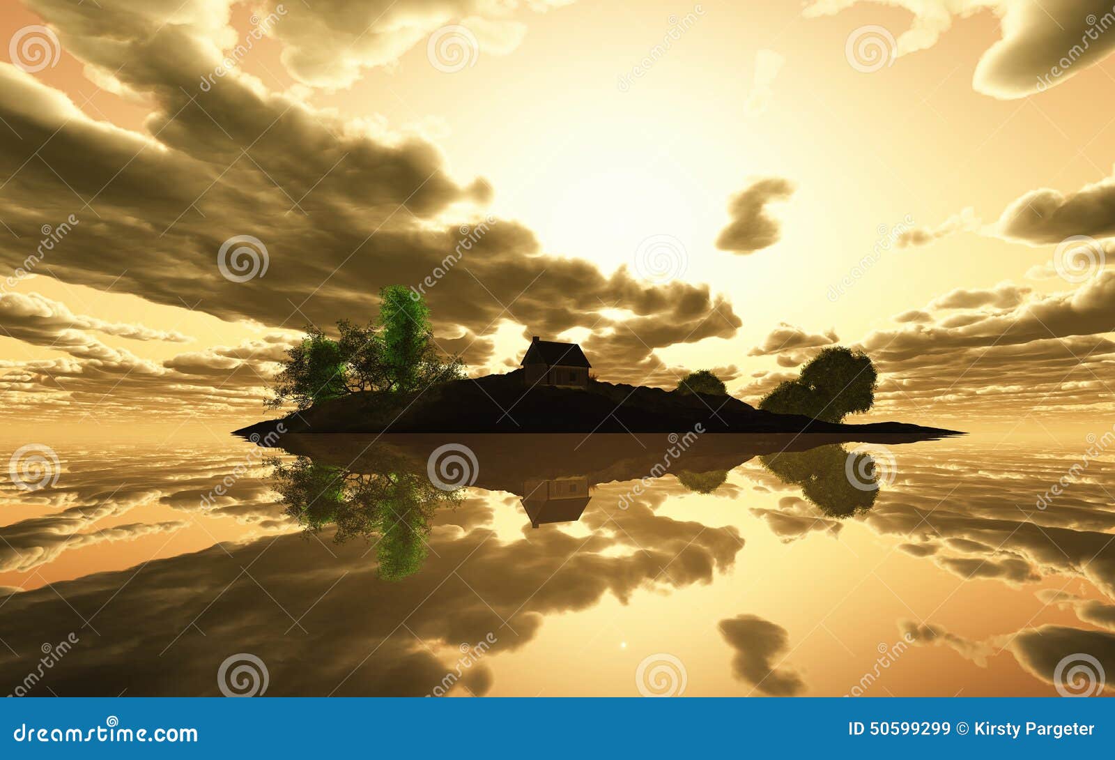 3D Render Tranquil Island at Sunset Stock Illustration - Illustration ...