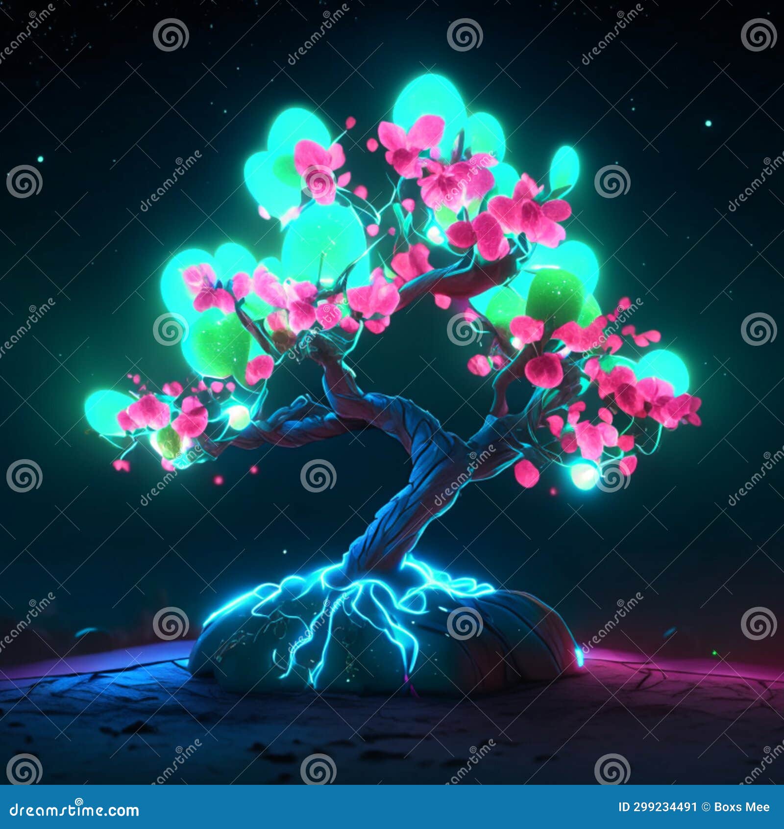 3D Render of a Tree with Colorful Neon Lights on a Dark Background AI ...