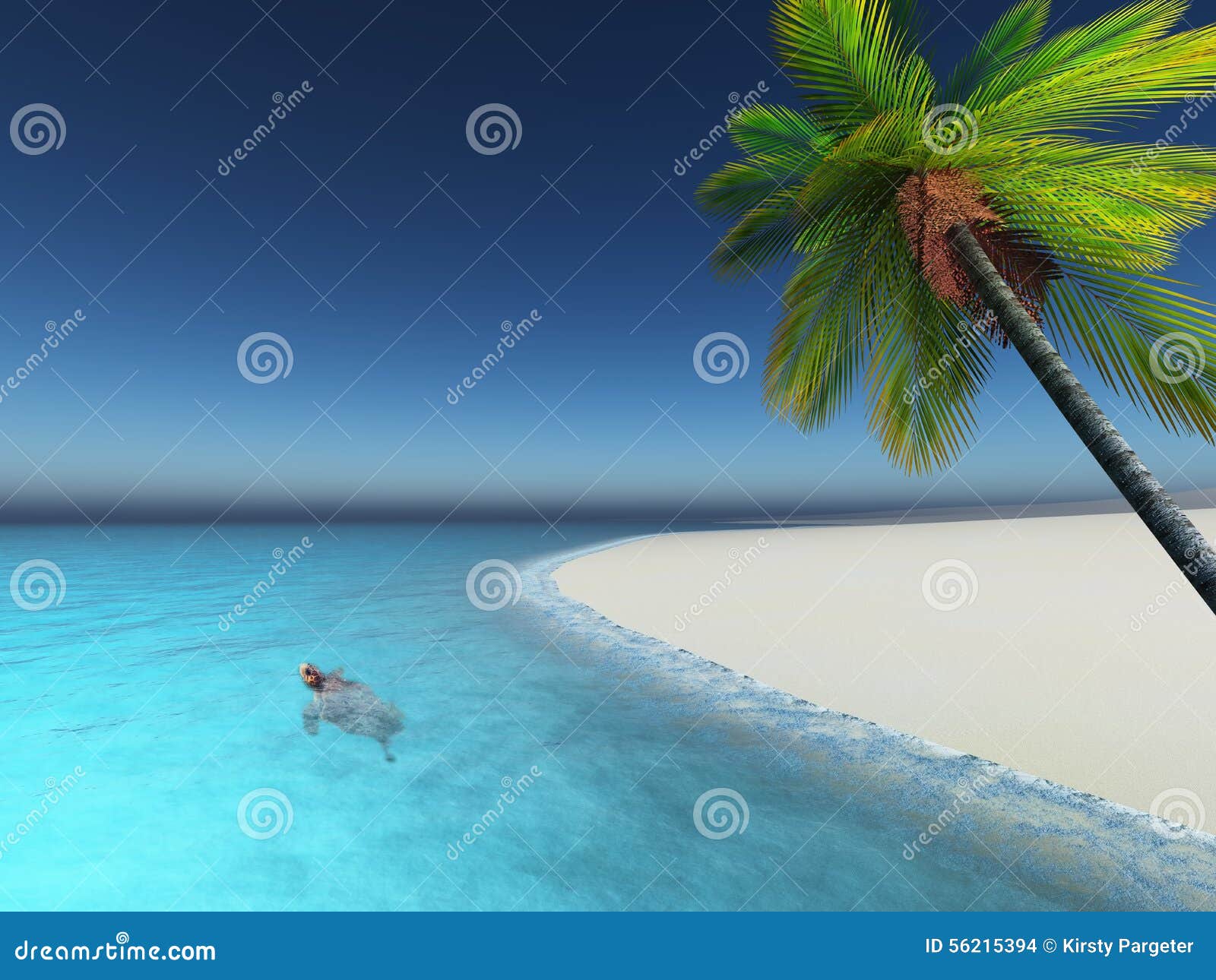 3D Render of a Turtle in the Sea Palm Tree Beach Stock Illustration ...