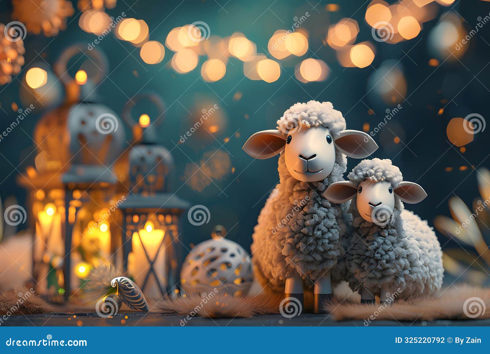 3D Render of Two Happy Sheep Celebrating Eid Al-Adha with Festive ...