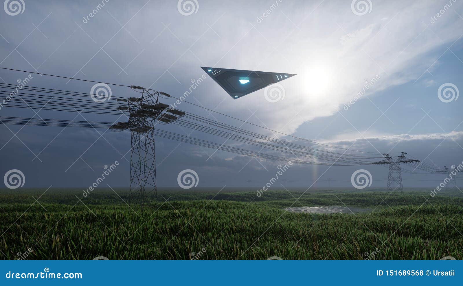 3d Render. UFO Over the Field and High-voltage Power Lines Stock ...
