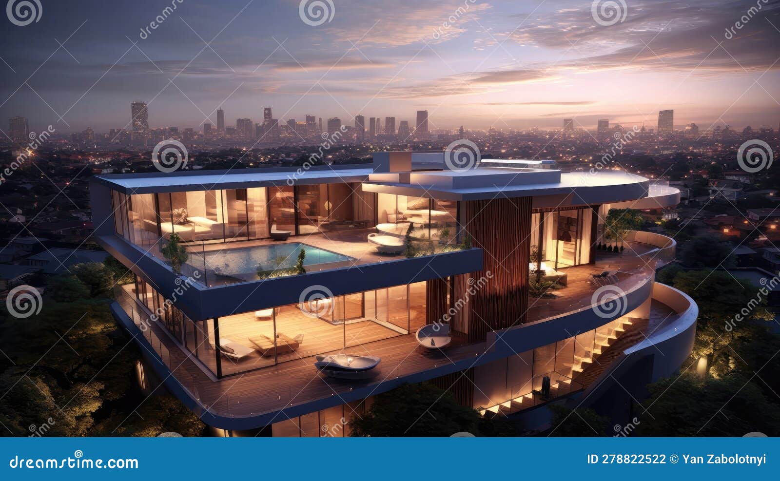 3D Render Urban Sky Villa with Skyline Views and Rooftop Terrace ...