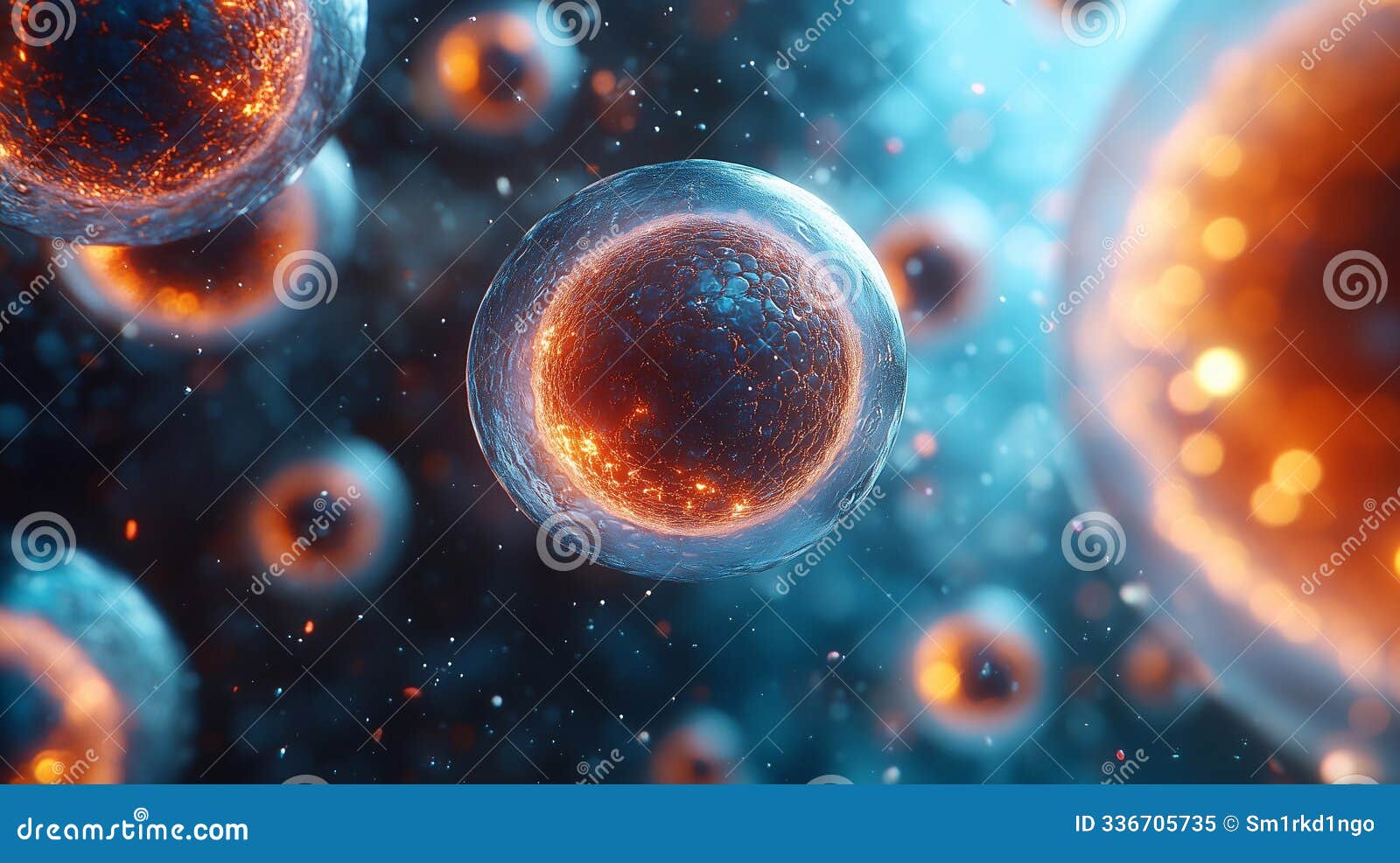 3D Render Of Vibrant Cells With Glowing Red Cores Floating In A Blue ...