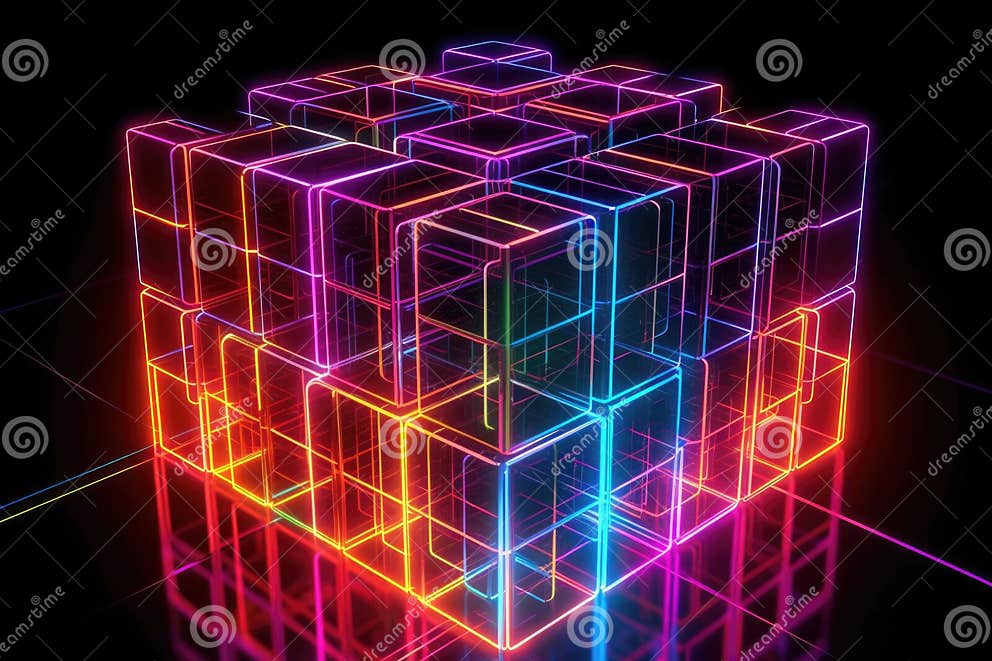 3d Render of Vibrant Neon Cube Matrix Stock Illustration - Illustration ...