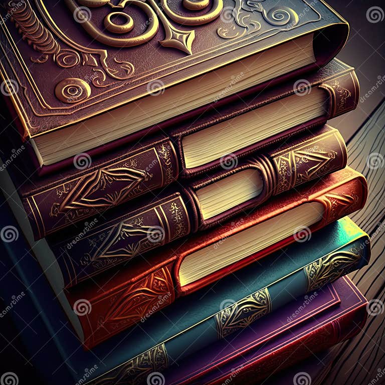 3D Render of Vintage Books Stack on Dark Stock Illustration ...