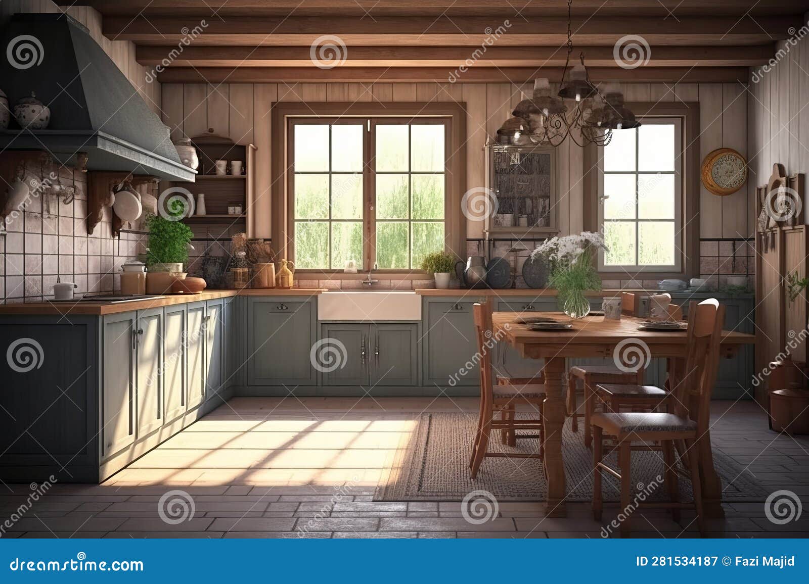 3D Render of a Vintage Kitchen in a Rustic Style.Generative AI. Stock ...
