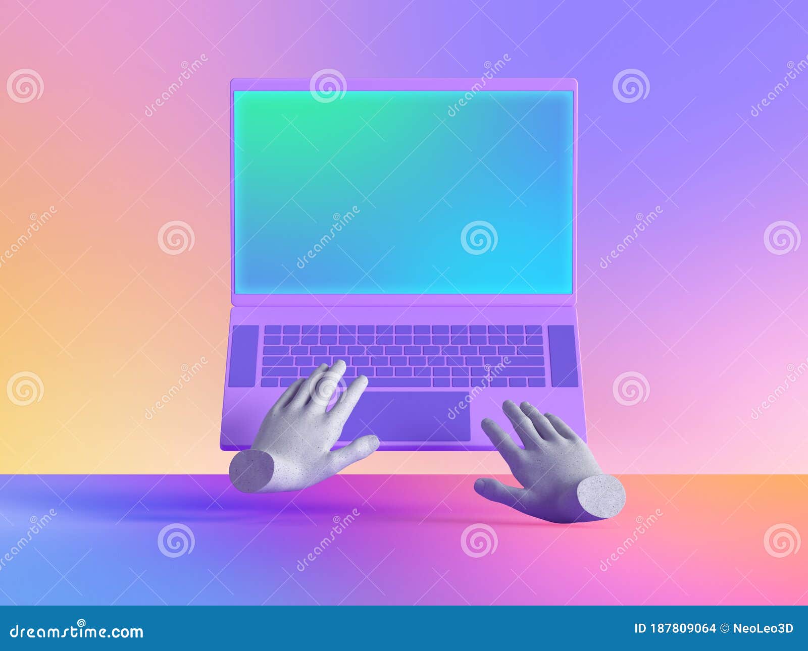3d Render Virtual Hands in Front of Laptop. Blue Neon Light Glow ...