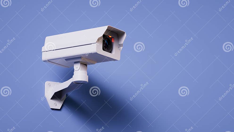 3d Render. Wall Security Camera Pointing Right, Isolated on Blue ...