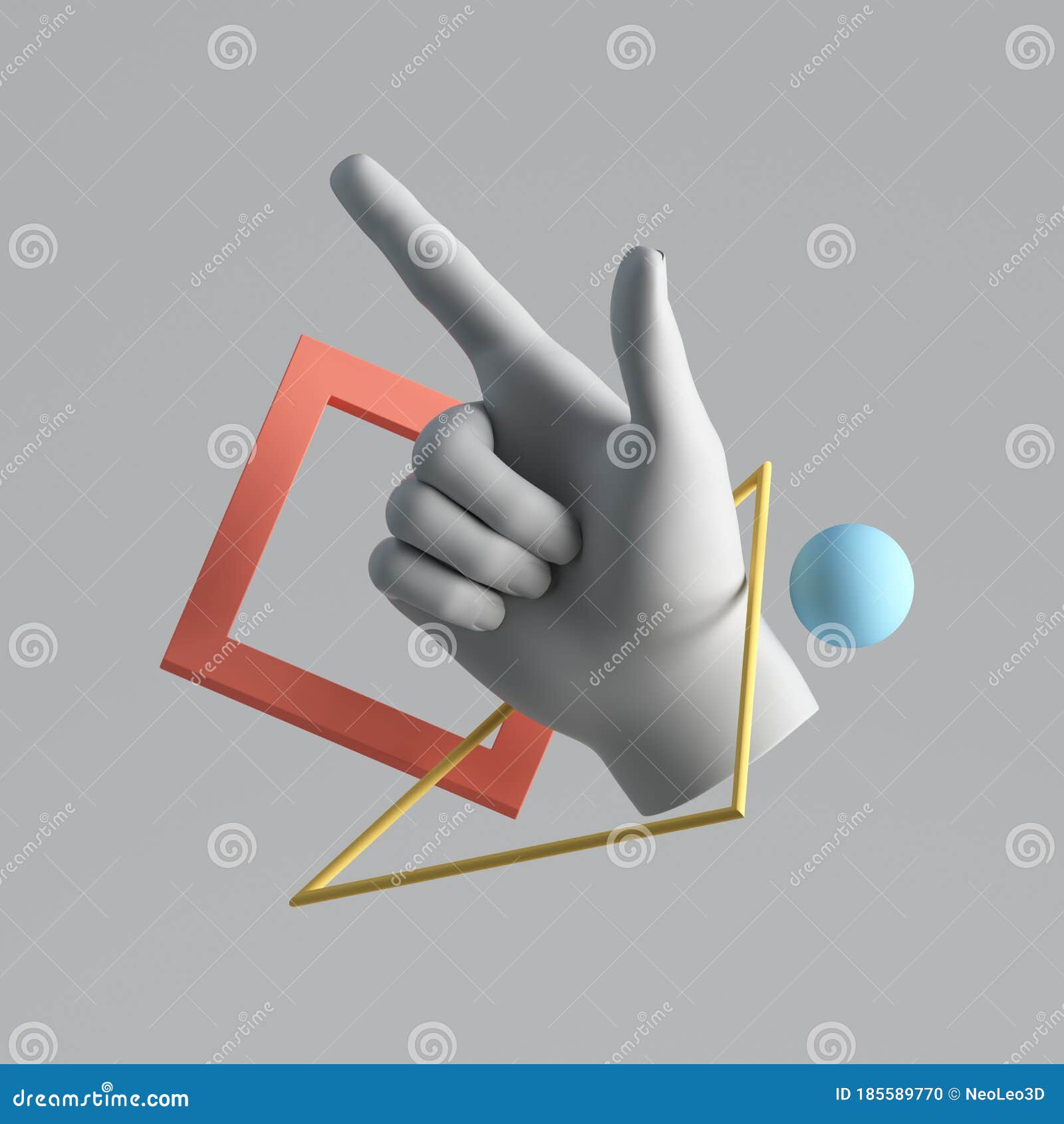 3d Render White Artificial Hand, Geometric Objects Levitating. Pointing ...