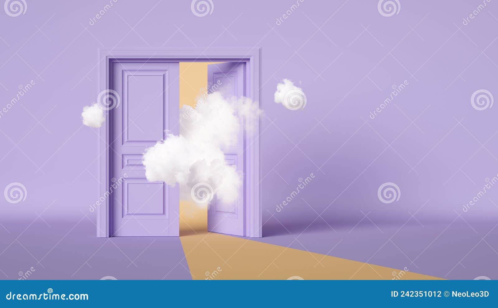 3d Render, White Clouds Flying Outside the Wide Open Violet Double ...