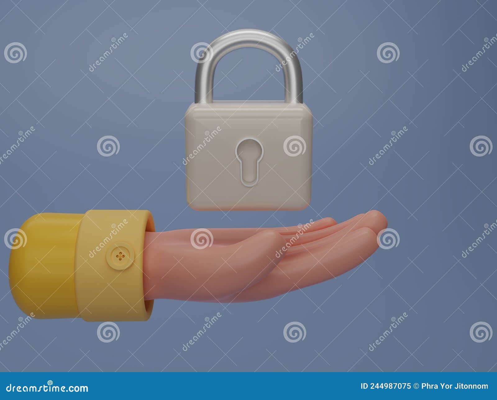 3D Render White Padlock on Hand Icon Isolated on Blue Background ...