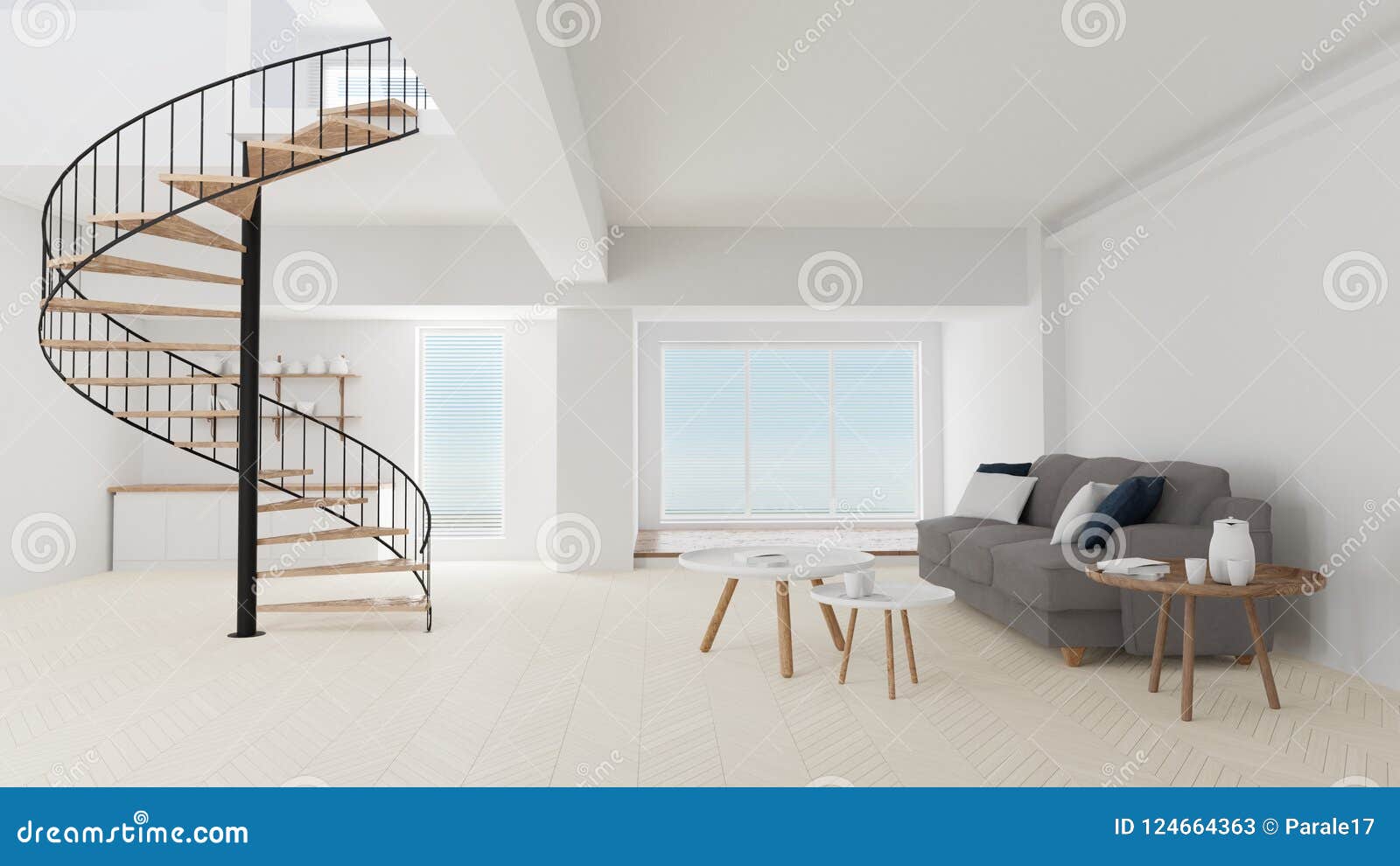 3d Render White Room Interior with Round Stair Stock Illustration ...