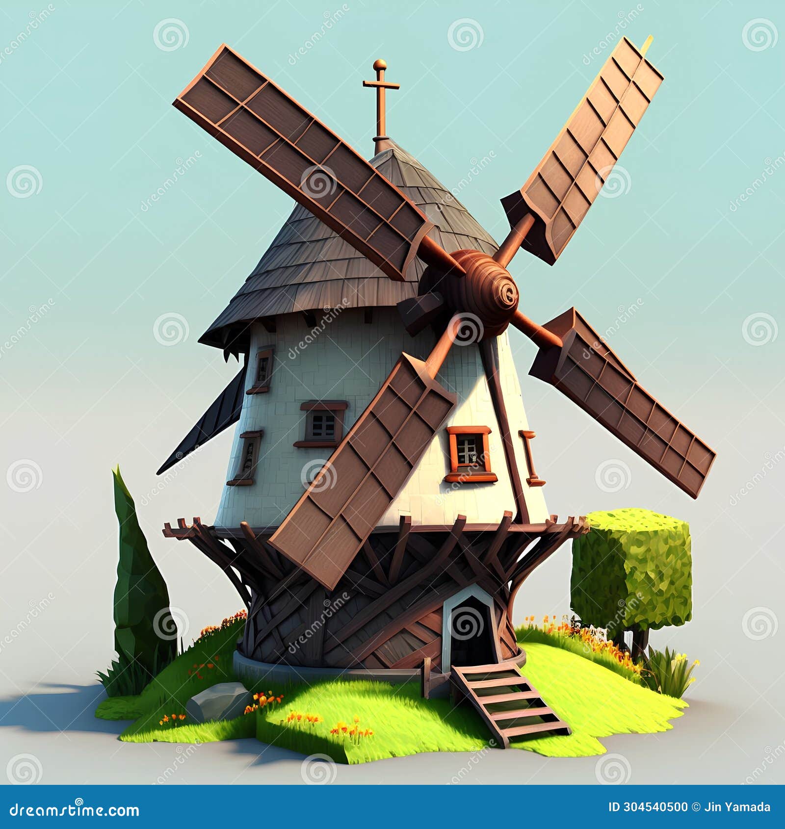 3D Render of a Windmill with a Wooden Roof in the Grass Stock ...