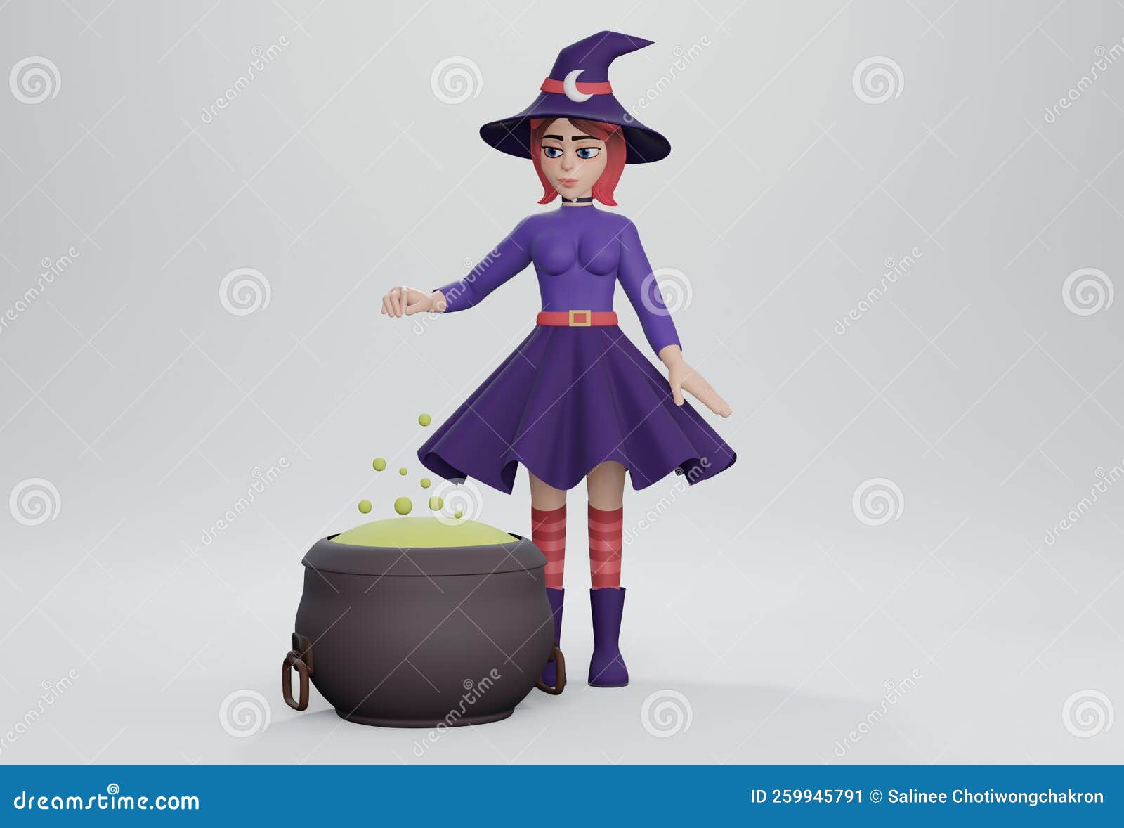 3d Render. Witch with Cauldron Conjuring Magic Spell Stock Illustration ...