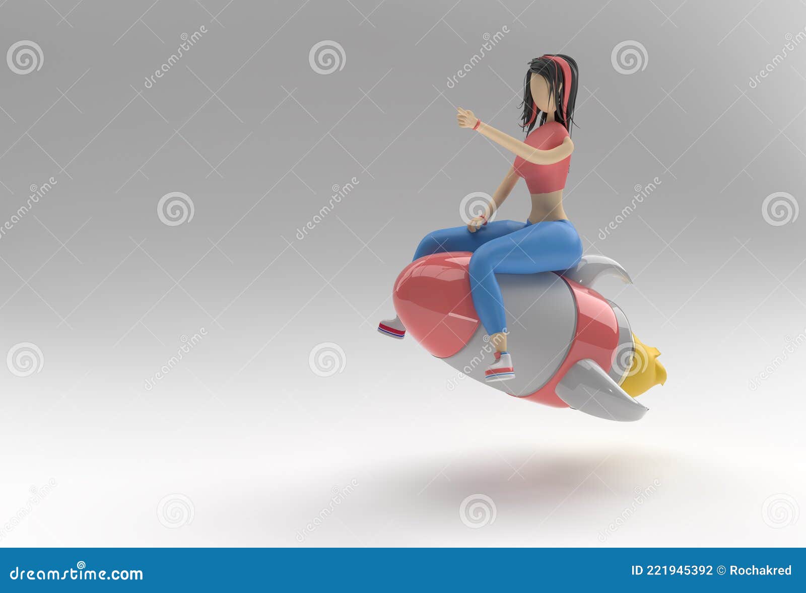 3d Render Woman Flying with Rocket 3d Illustration Design Stock ...
