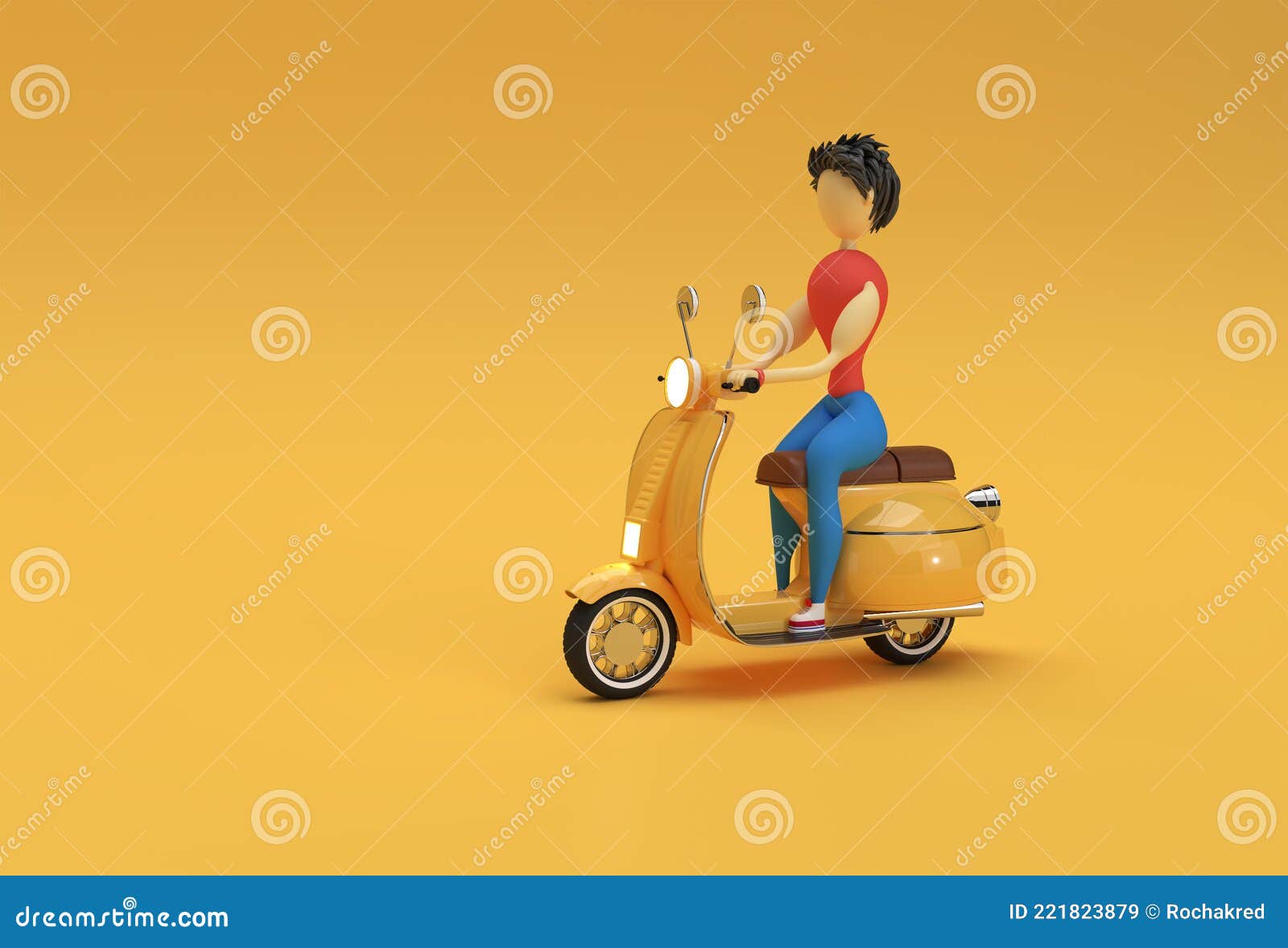 3D Render Woman Riding Motor Scooter Side View On A Yellow Background ...