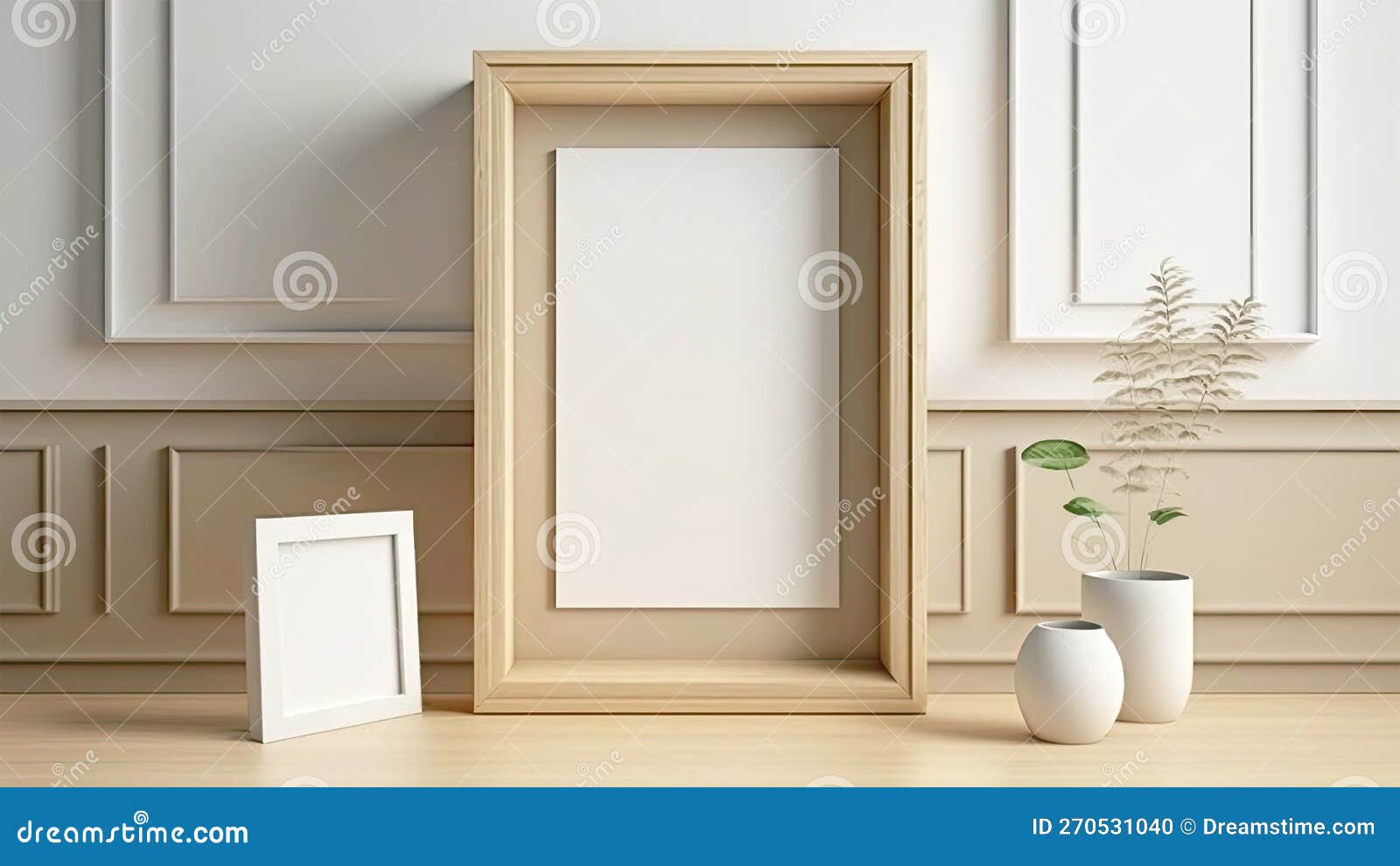 3D Render of Wooden Frames Mockup with Image Placeholder and Plant Pots ...