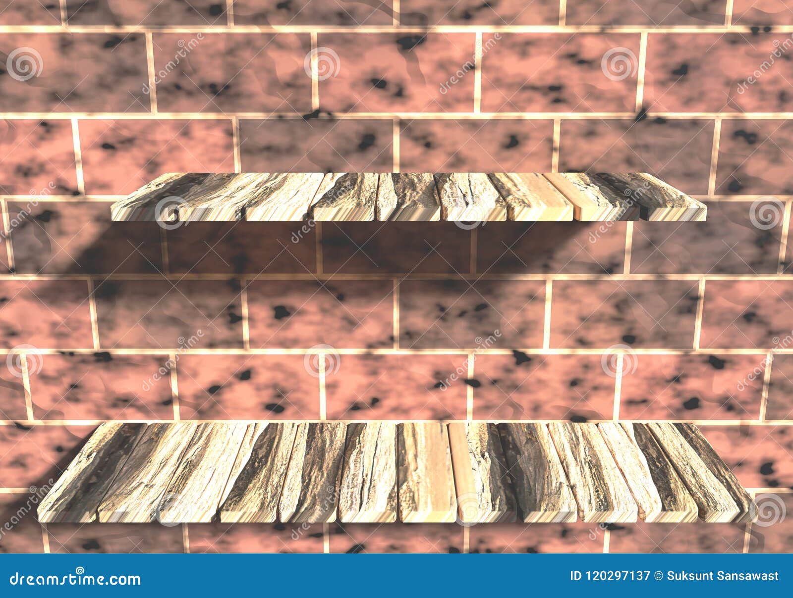 3D Render of Wooden Shelves on Brick Wall Stock Illustration ...