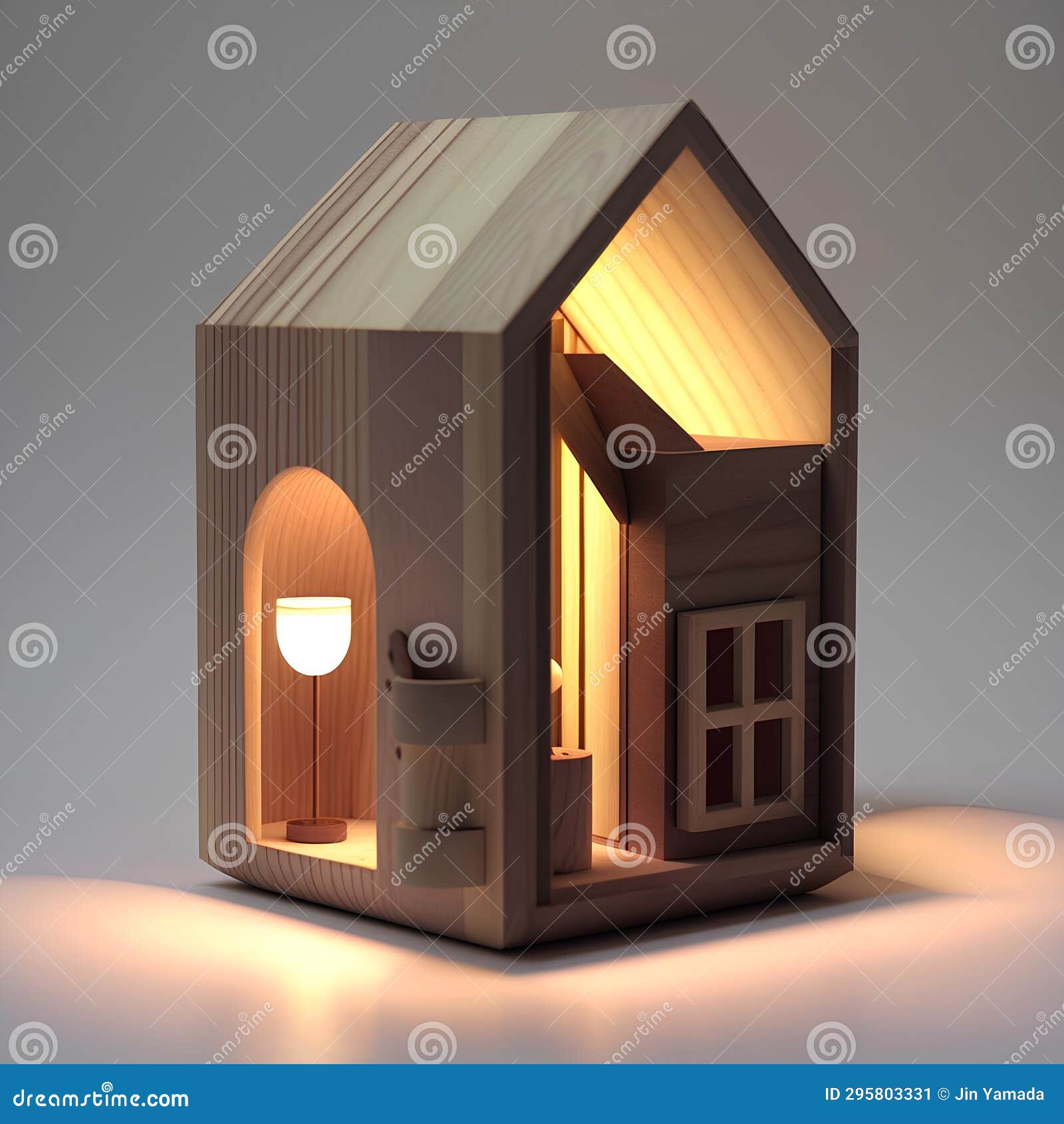 3D Render of a Wooden Toy House with a Lighted Lamp Stock Illustration ...