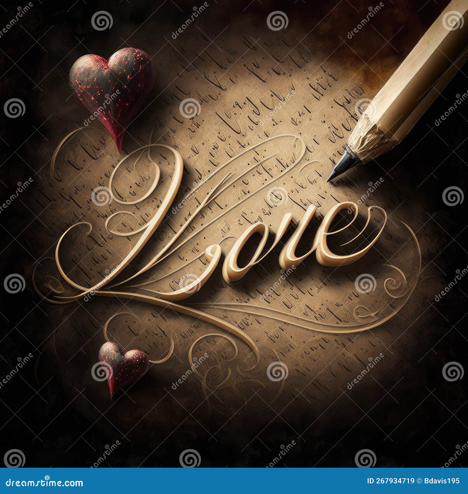 The Word Love in Cursive on a Parchment Background with Hearts and ...