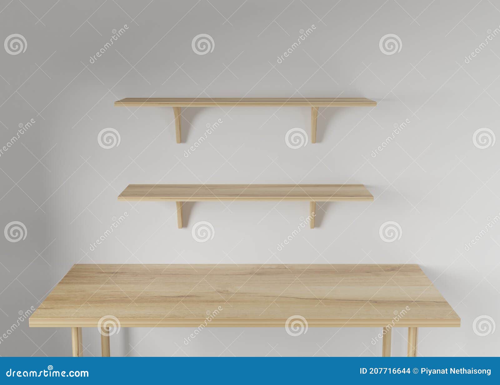 3d Render Working Desk with White Background. Wood Table and Wood Shelf ...