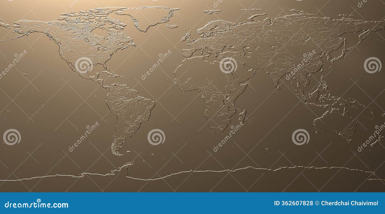 3D Render of a World Map Engraved on a Bronze Metal Plate Stock ...