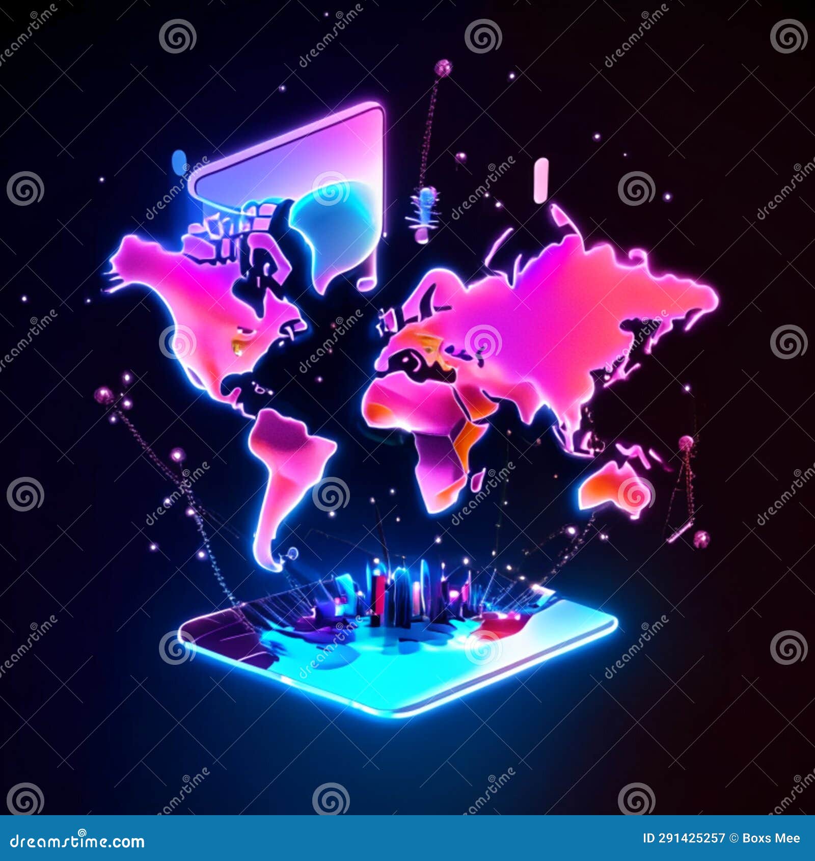 3d Render of a World Map on a Mobile Phone in Neon Light Generative AI ...