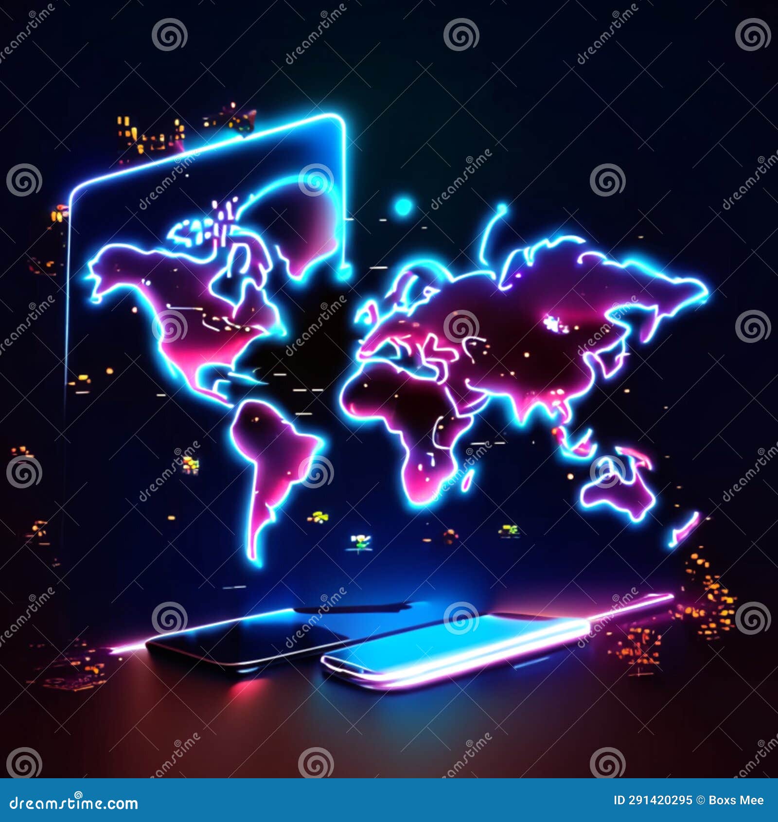 3d Render of a World Map and Mobile Phone with Neon Lights AI Generated ...