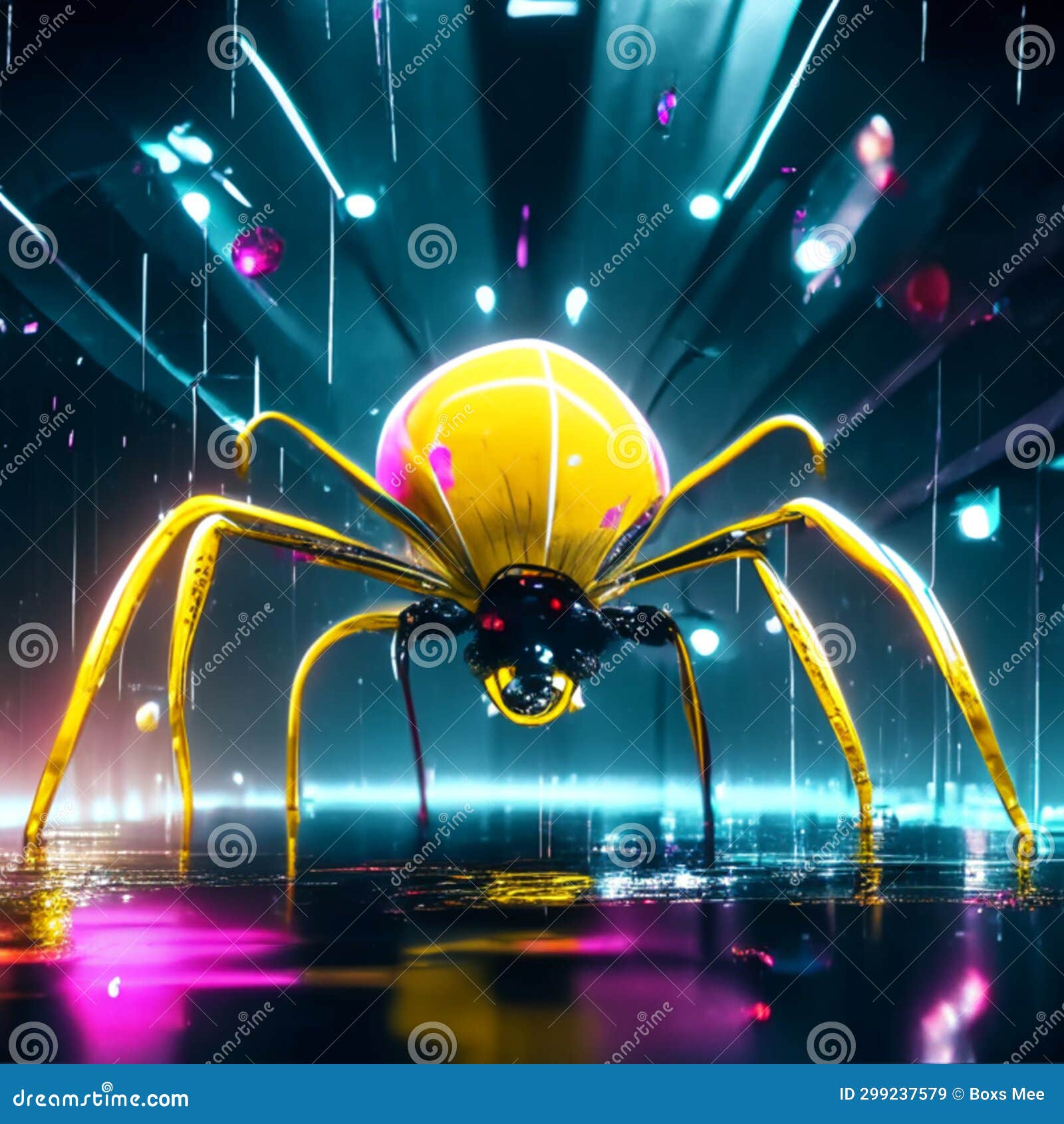 3d Render of a Yellow Spider on a Dark Background with Neon Lights AI ...