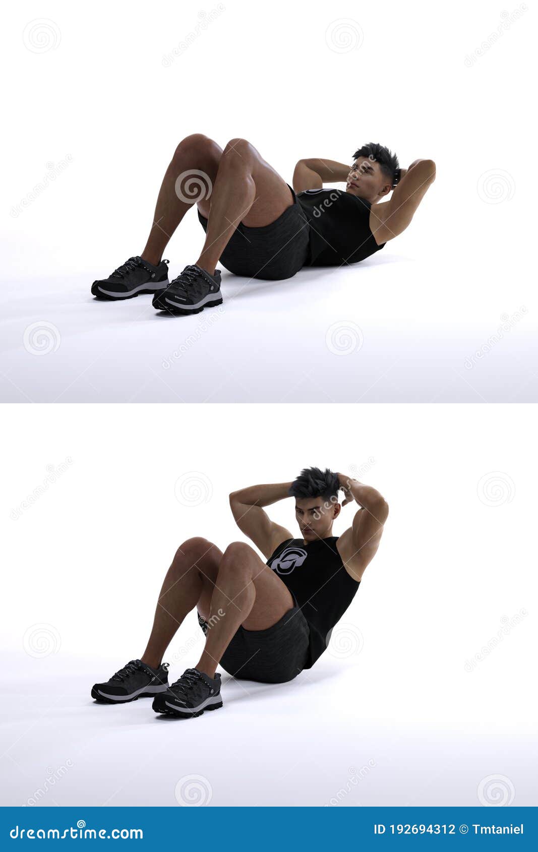 3D Render : a Young Man is Perform Sit-up Exercise on the Floor Stock ...
