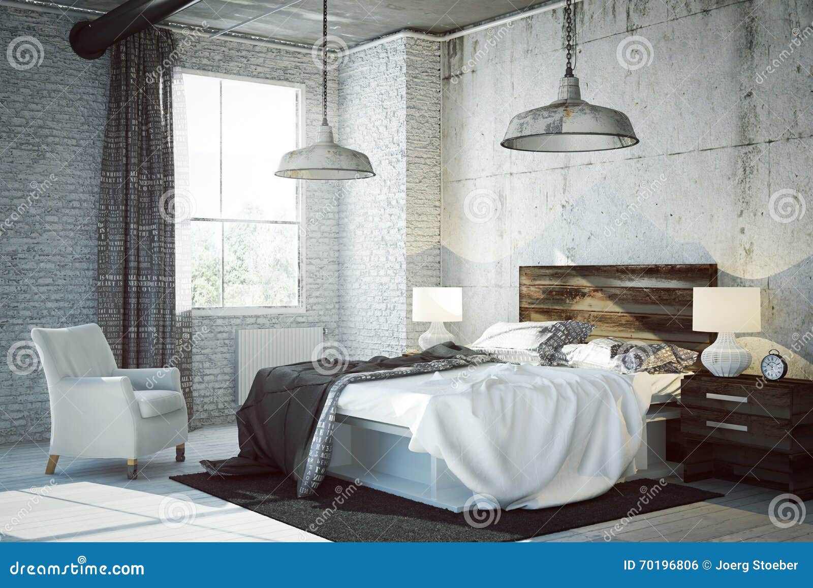 3D rendered bed room stock illustration. Illustration of curtains ...