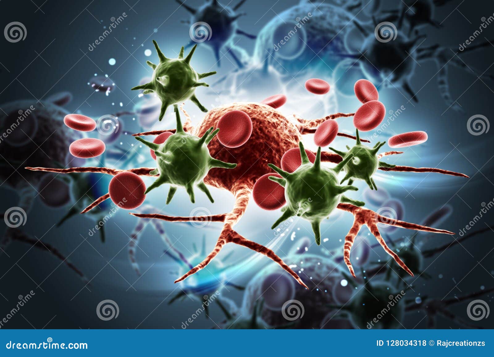 Cancer Cell, CAR T-cell And Red Blood Cells On Red Background Vector ...