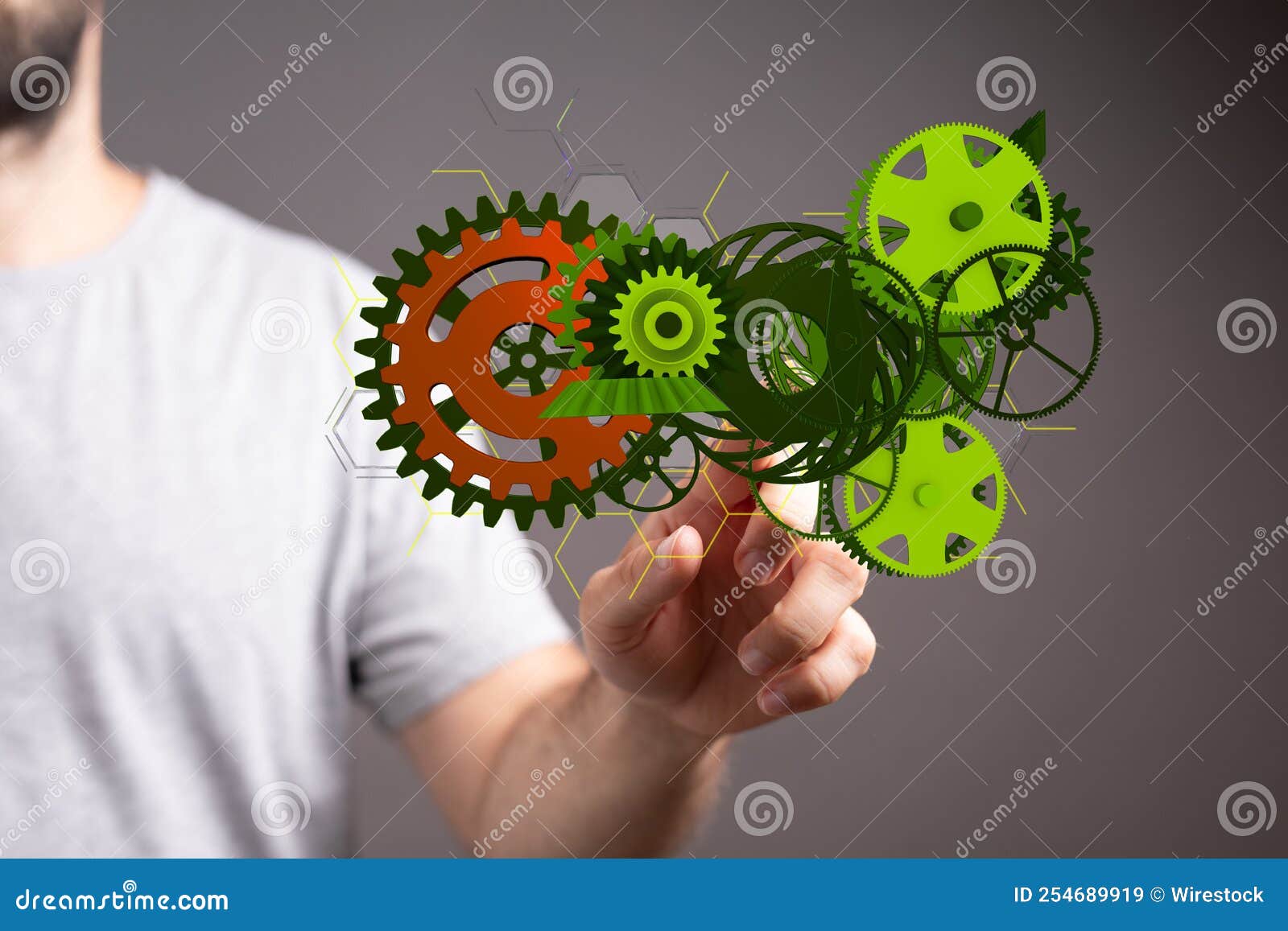 3D Rendered Car Gear System Hovering in Mans Hand Stock Image - Image ...