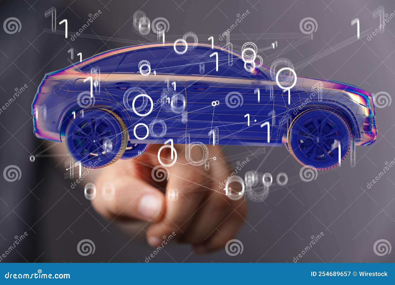 3D Rendered Car Icon Hovering in Mans Hand Stock Illustration ...