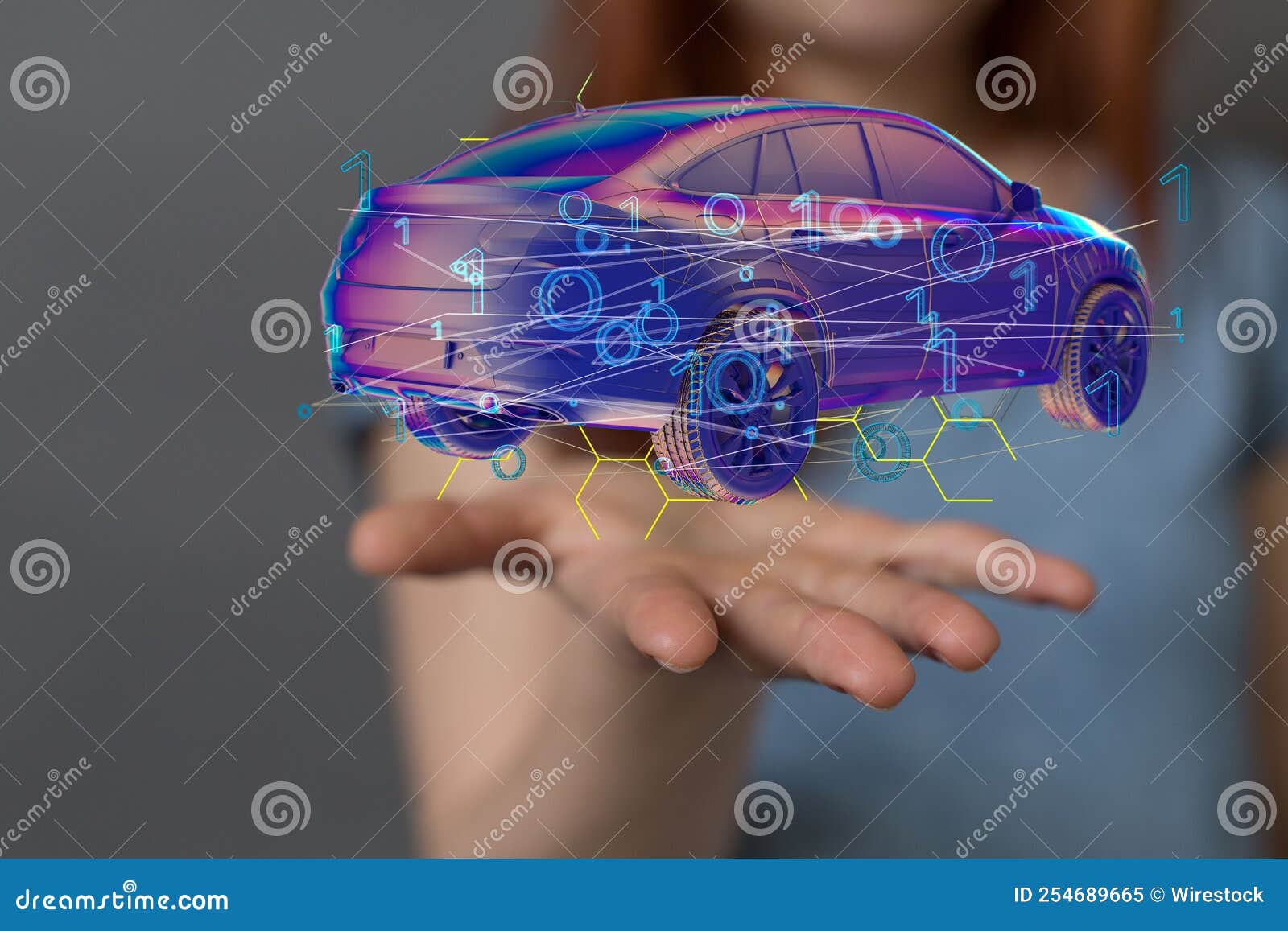 3D Rendered Car Icon Hovering in Mans Hand Stock Illustration ...