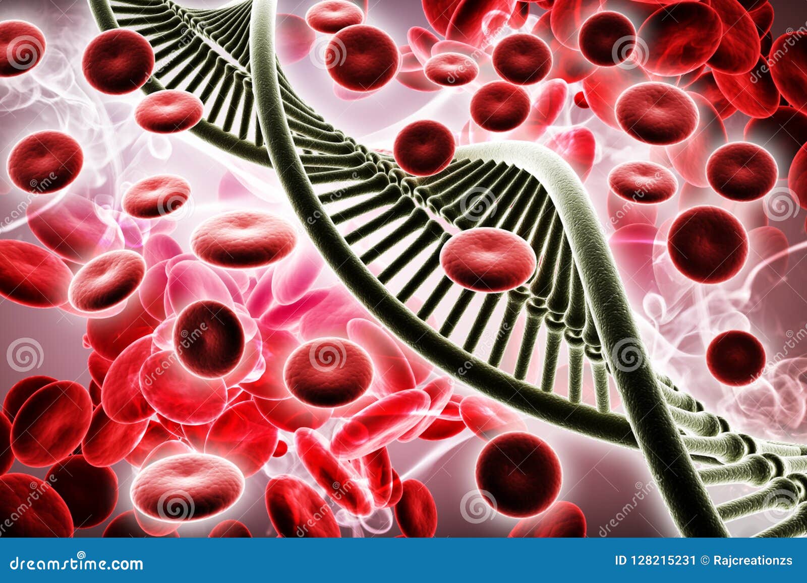 3d Rendered Digital Illustration of Dna and Blood Cells in Colour ...