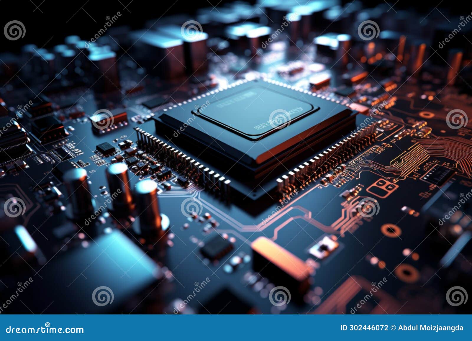 3D Rendered Electronic Circuit Board with Advanced Processor Close Up ...