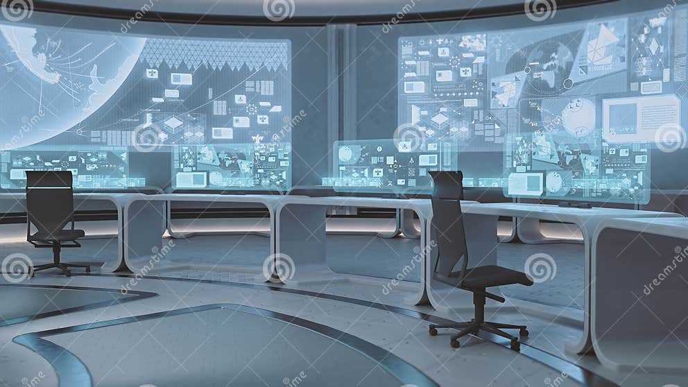 3D Rendered Empty, Modern, Futuristic Command Center Interior Stock ...