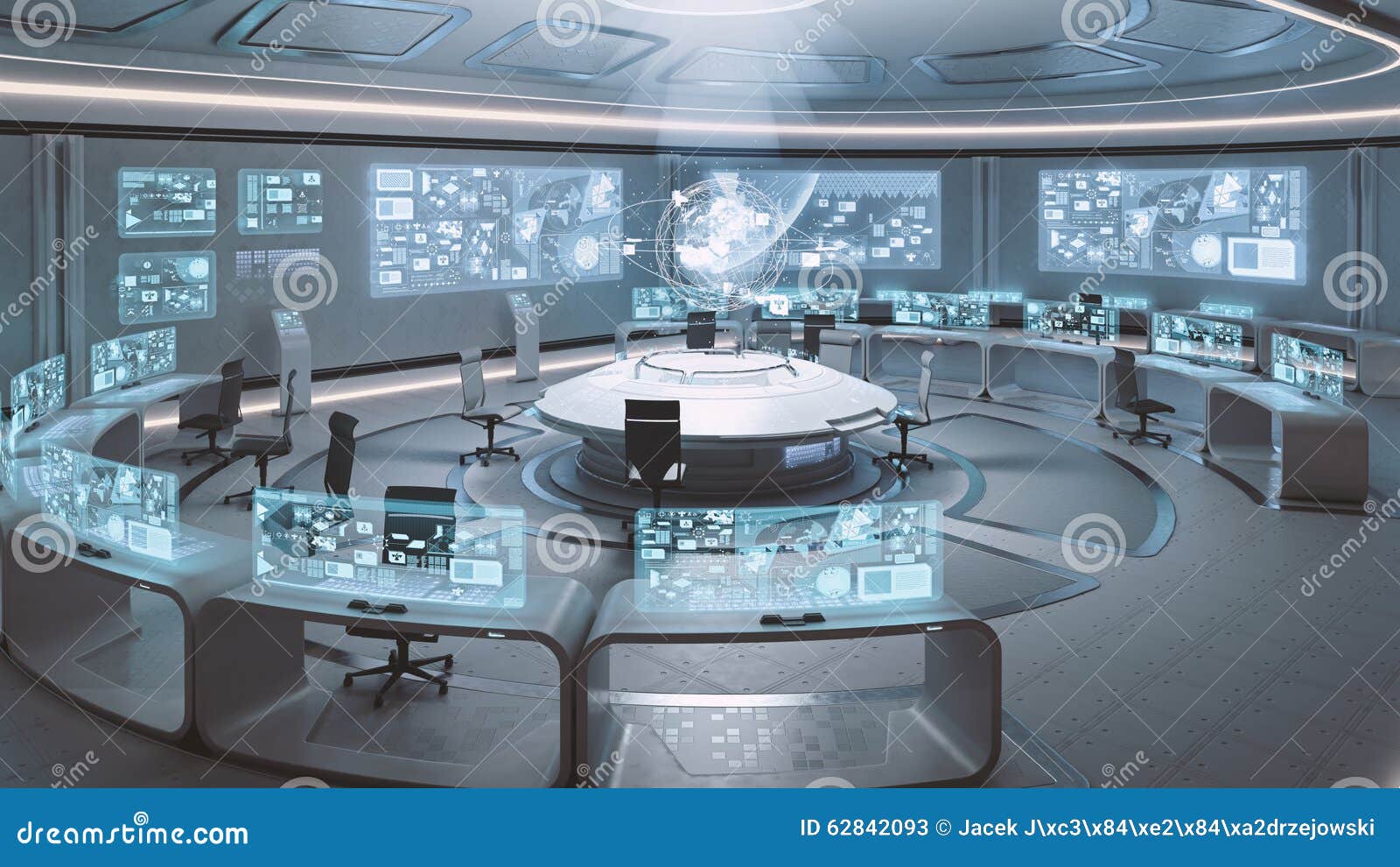 3D Rendered Empty, Modern, Futuristic Command Center Interior Stock ...
