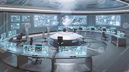3D Rendered Empty, Modern, Futuristic Command Center Interior Stock ...
