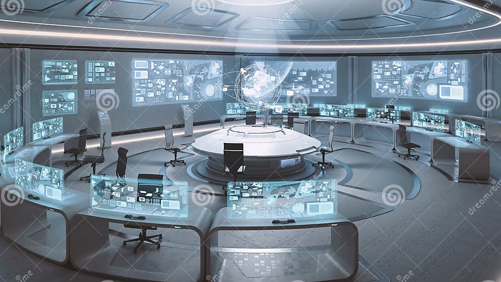 3D Rendered Empty, Modern, Futuristic Command Center Interior Stock ...