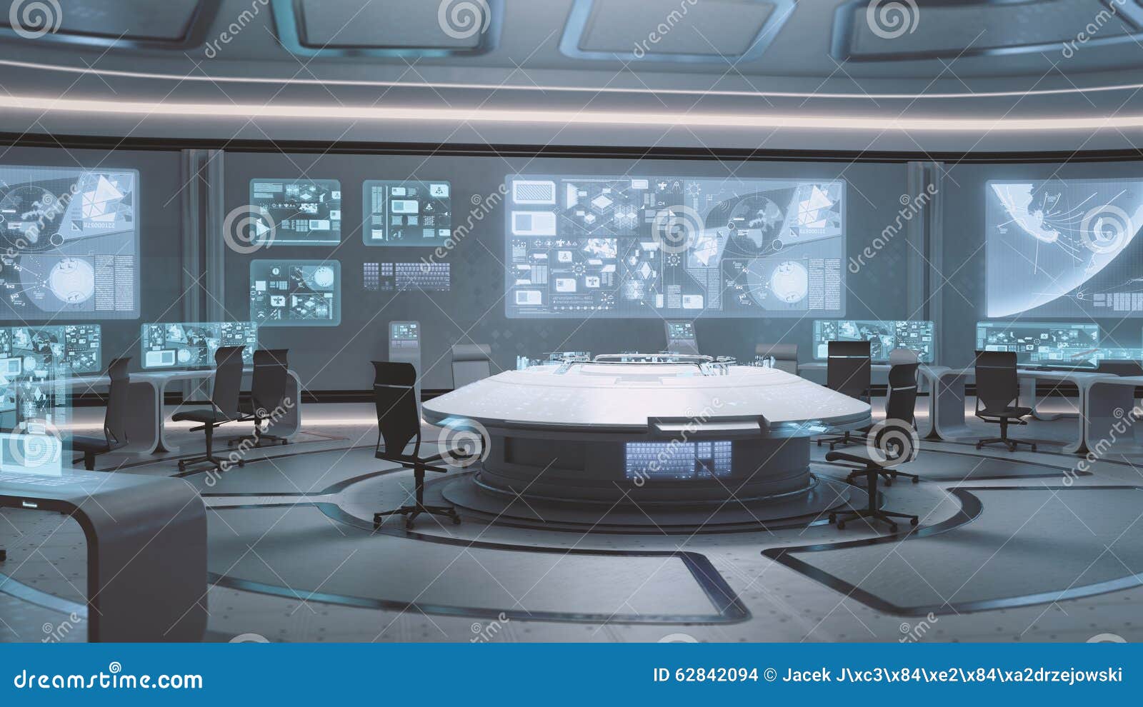 3D Rendered Empty, Modern, Futuristic Command Center Interior Stock ...