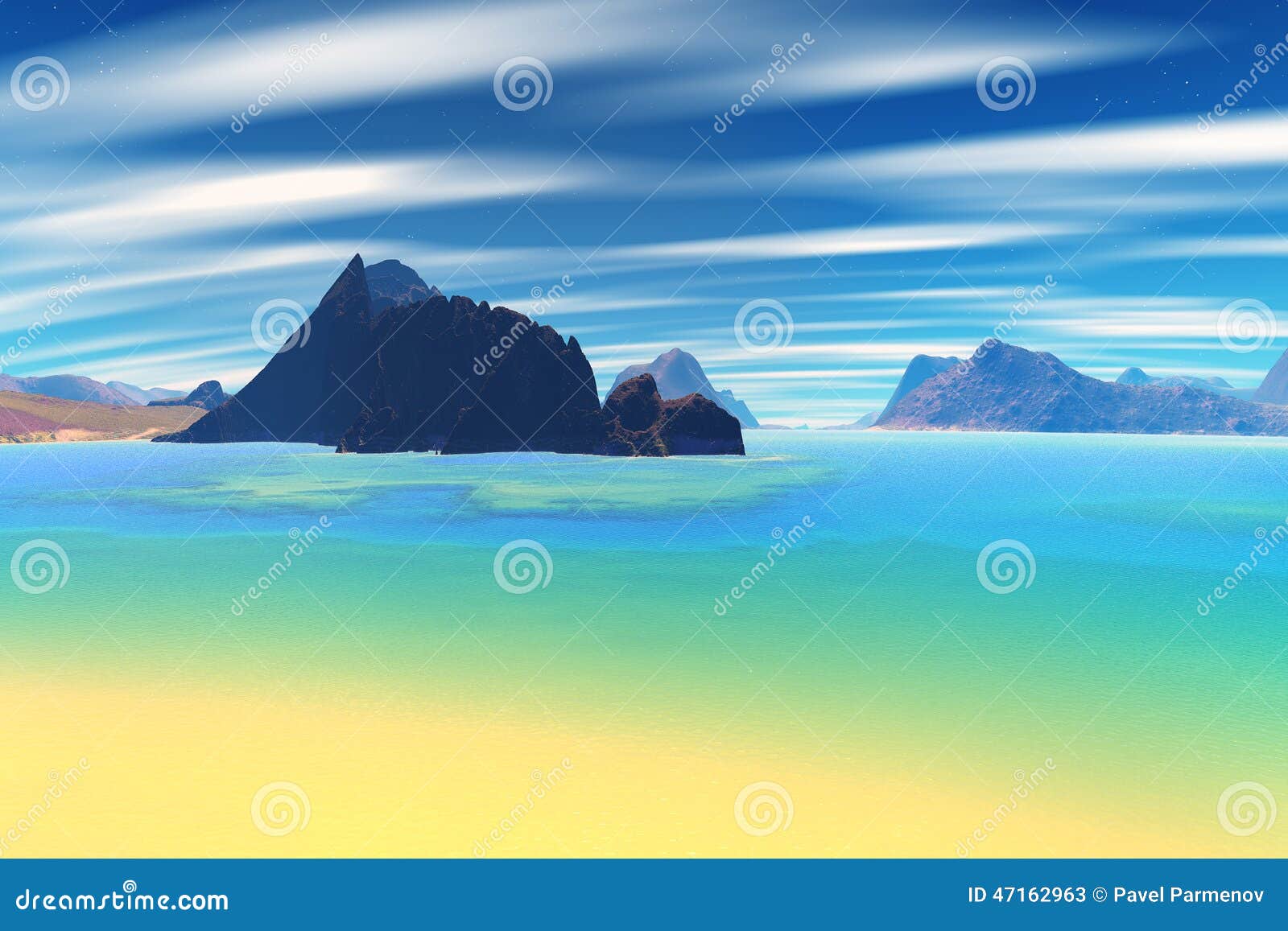 3D Rendered Fantasy Alien Planet. Beach and Sea Stock Illustration ...
