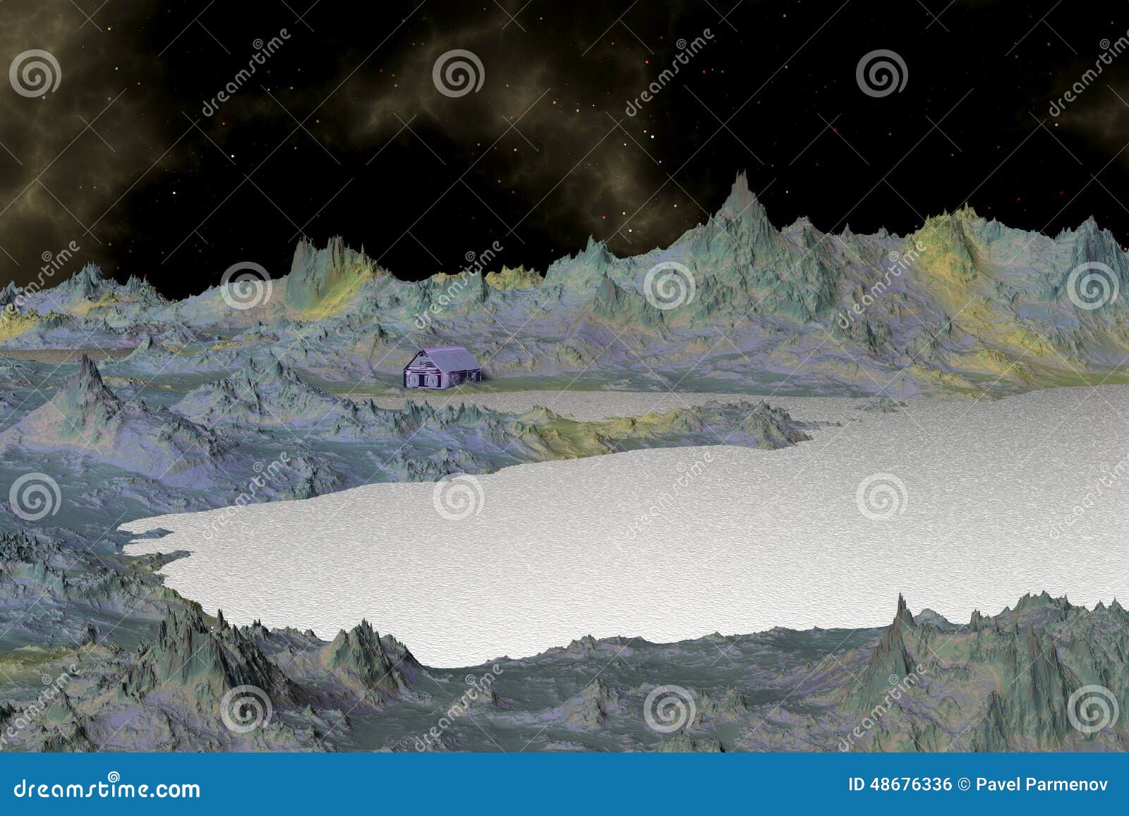 3D Rendered Fantasy Alien Planet. House Ashore Lake Stock Illustration ...