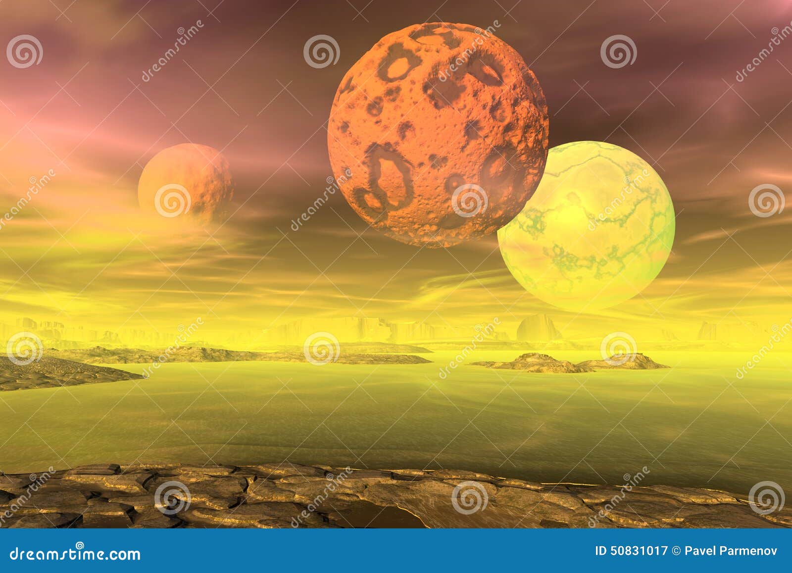3D Rendered Fantasy Alien Planet. Rocks and Moon Stock Illustration ...